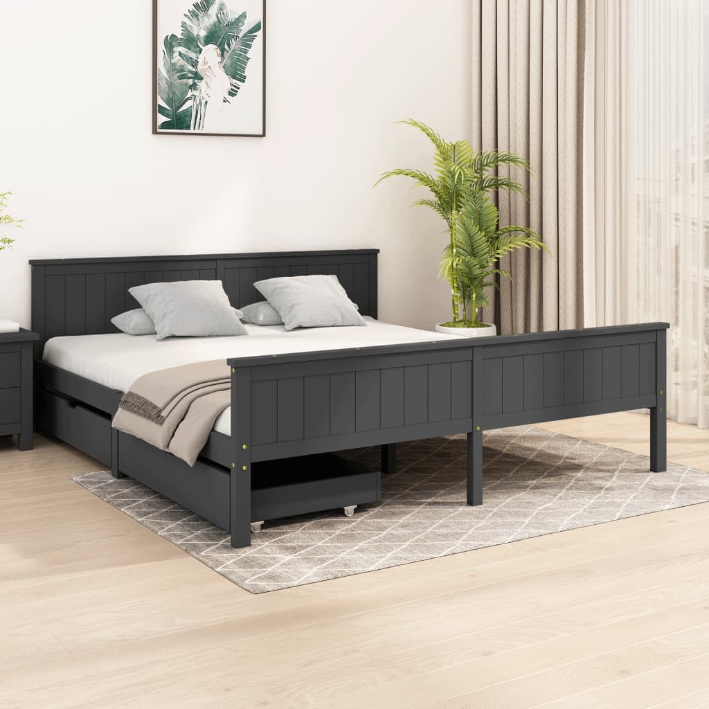 Berkfield Bed Frame with 2 Drawers Dark Grey Solid Wood Pine 180x200 c ...